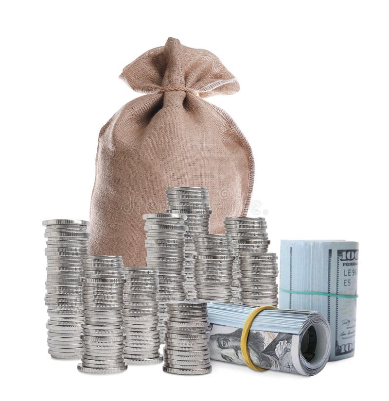 Sack and American Dollars on Background. Flying Money Stock Photo ...