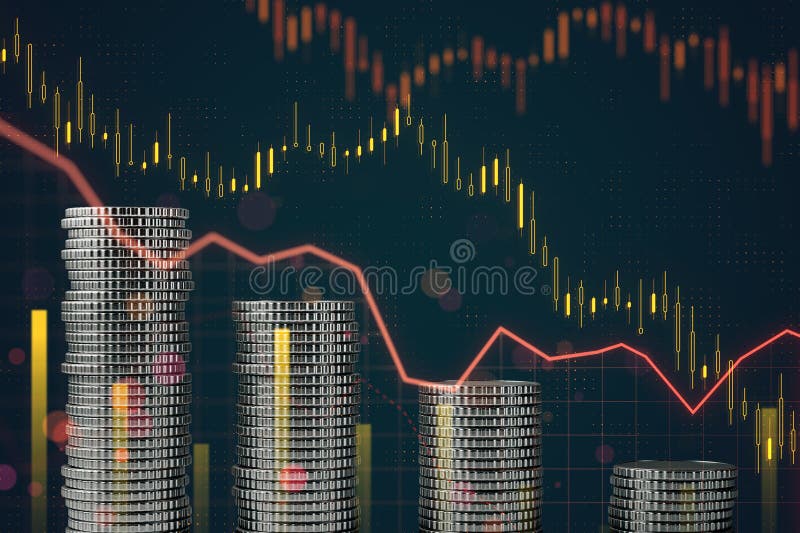 Stacked Coins with Falling Red Forex Chart on Background. Stock Image ...