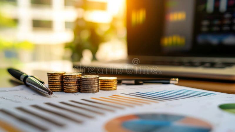 Stacked Coins and Financial Charts in Warm Sunlight Stock Image - Image ...