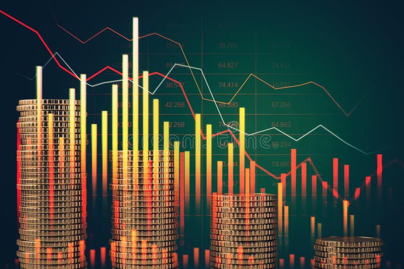 Stacked Coins and Financial Graphs on a Digital Screen. 3D Rendering ...