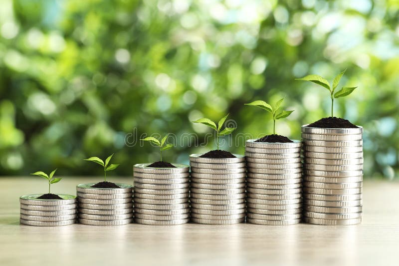 Stacked Coins Green Seedlings Table Against Blurred Background Stock ...
