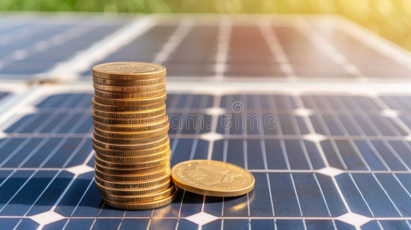 Stacked Coins on Solar Panels Representing Sustainable Financial Growth ...