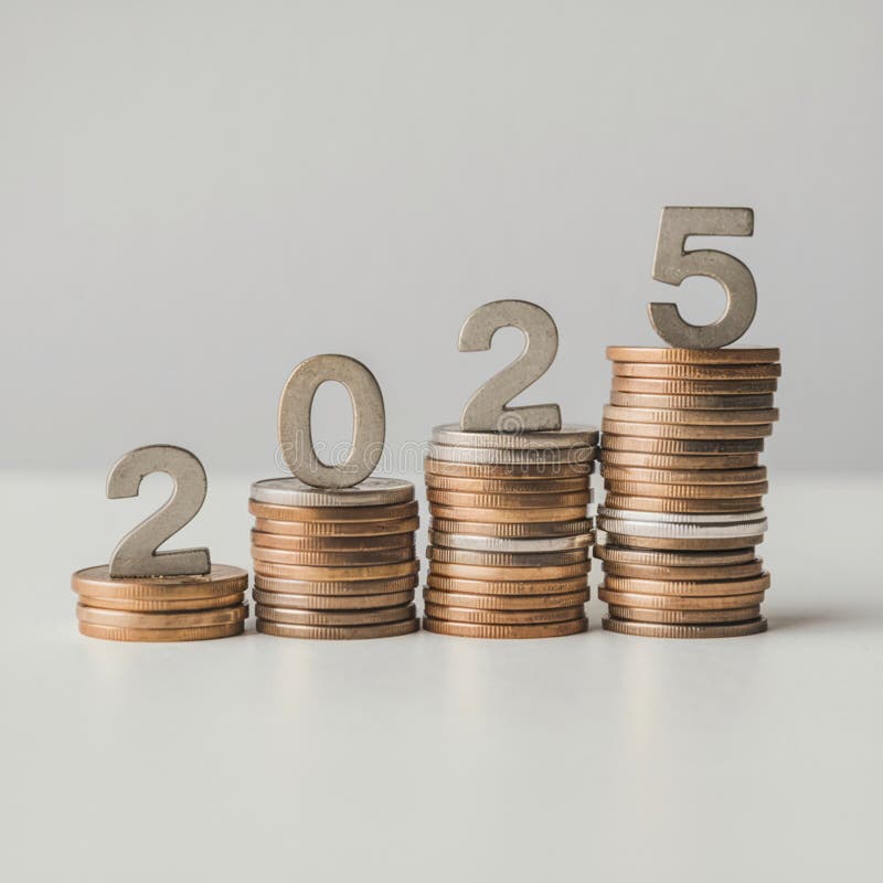 Stacked Coins with Year 2025 Displayed, Varying Heights, Plain White ...