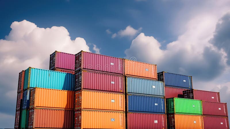Stacked Color Cargo Containers Over the Blue Sky with Clouds ...
