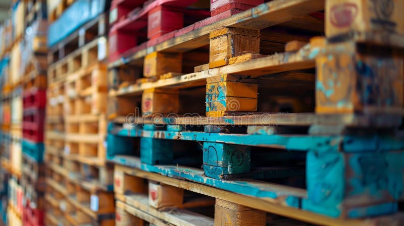 Stacked Colored Pallets in Warehouse Stock Photo - Image of merchandise ...