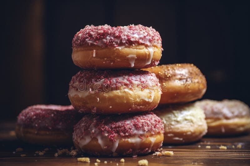 Stacked Colorful Donuts on Rustic Backdrop Stock Illustration ...