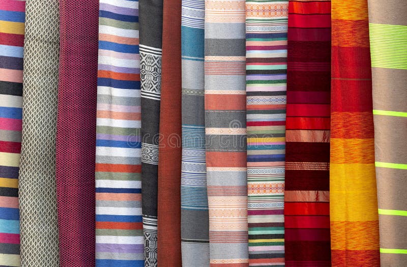 Stacked Colorful Fabrics in the Grand Bazaar in Marrakesc, Marocco ...