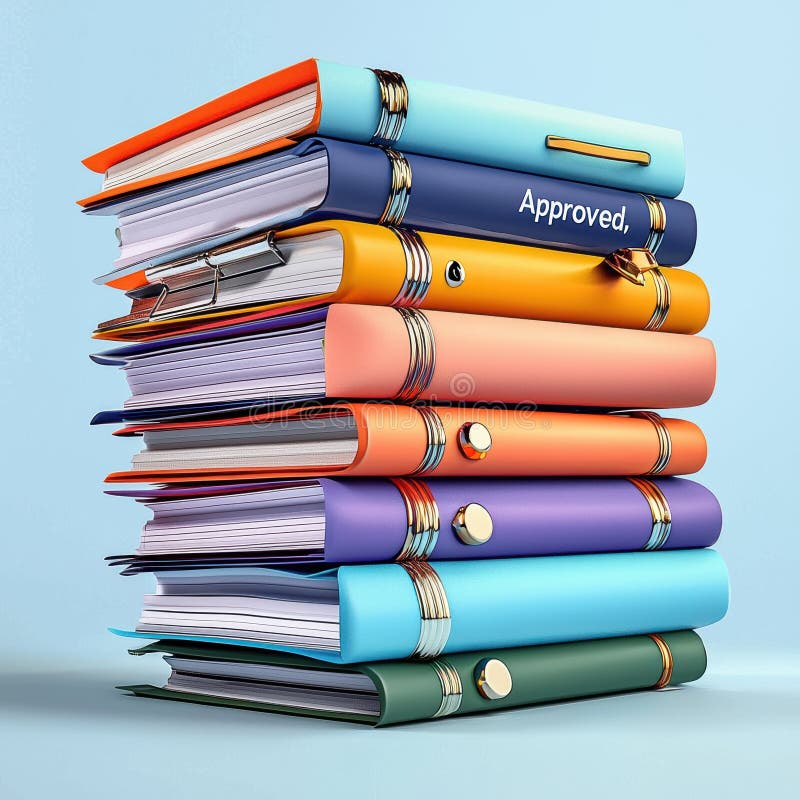 Stacked Colorful Folders with Approved Document on Light Blue ...