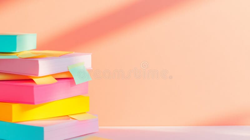 Stacked Colorful Notebooks and Sticky Notes on Pastel Background Stock ...