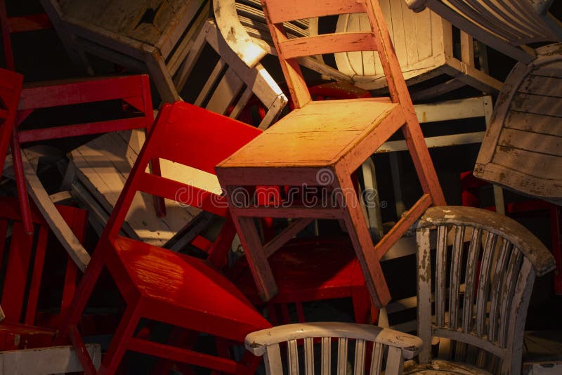 Stacked of Colorful Old Chairs Stock Image - Image of colorful, trash ...