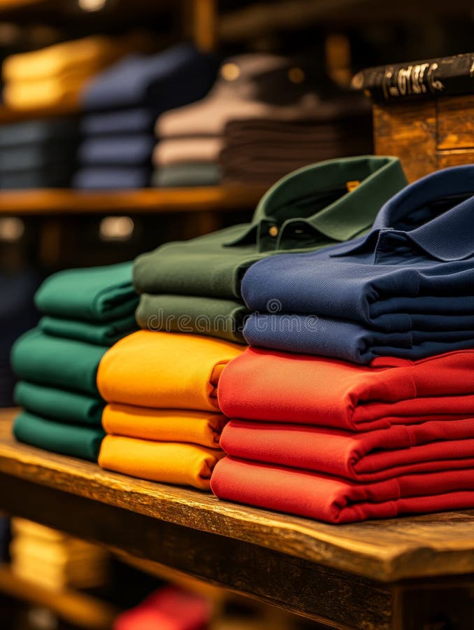 Stacked Colorful Shirts on Display in Clothing Store. Stock Image ...