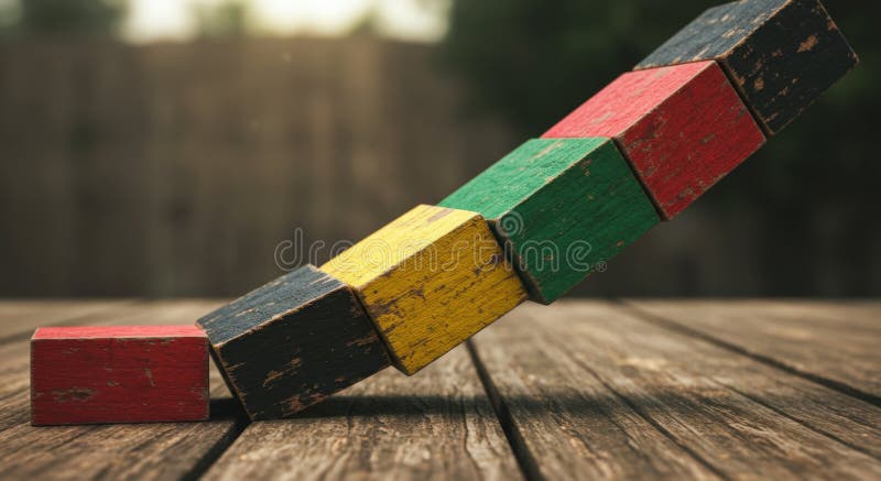 Stacked Colorful Wooden Blocks Leaning on Wooden Surface Outdoors Stock ...