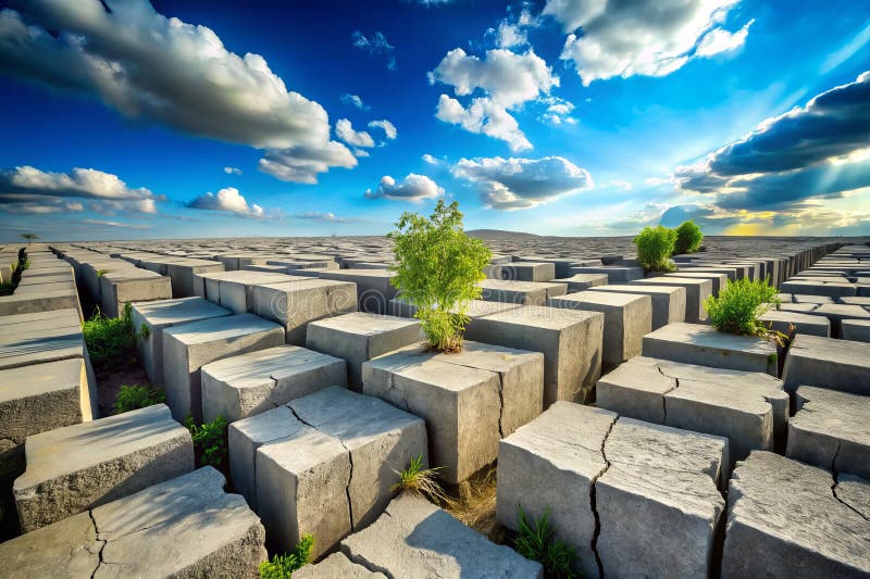 Stacked Concrete Blocks on Cracked Earth Weedy Growth Under a Clear Sky ...