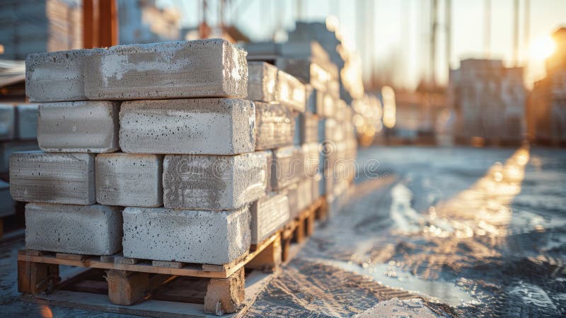 Stacked Concrete Blocks on Pallets at a Construction Site. Stock Photo ...