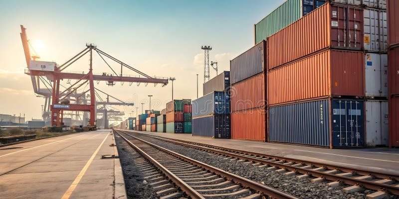 Stacked Container Cargo and Railway Terminal Stock Illustration ...