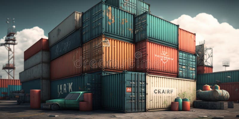 Stacked Containers in Port or Loading Dock Stock Illustration ...