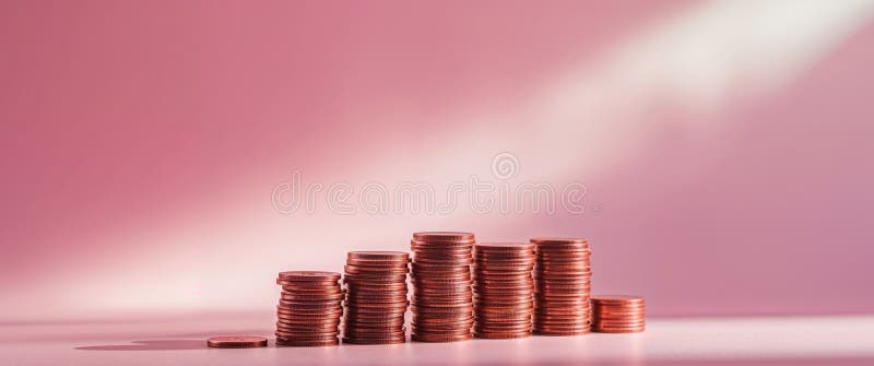 Stacked Copper Coins on Pink Background with Soft Light Reflection ...