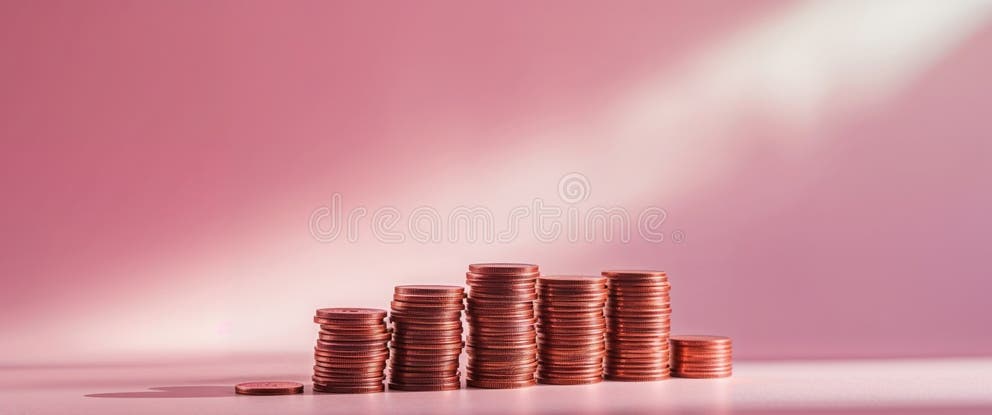 Stacked Copper Coins on Pink Background with Soft Light Reflection ...
