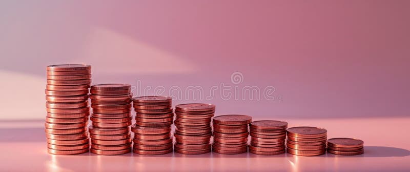 Stacked Copper Coins on Pink Background with Soft Light Reflection ...