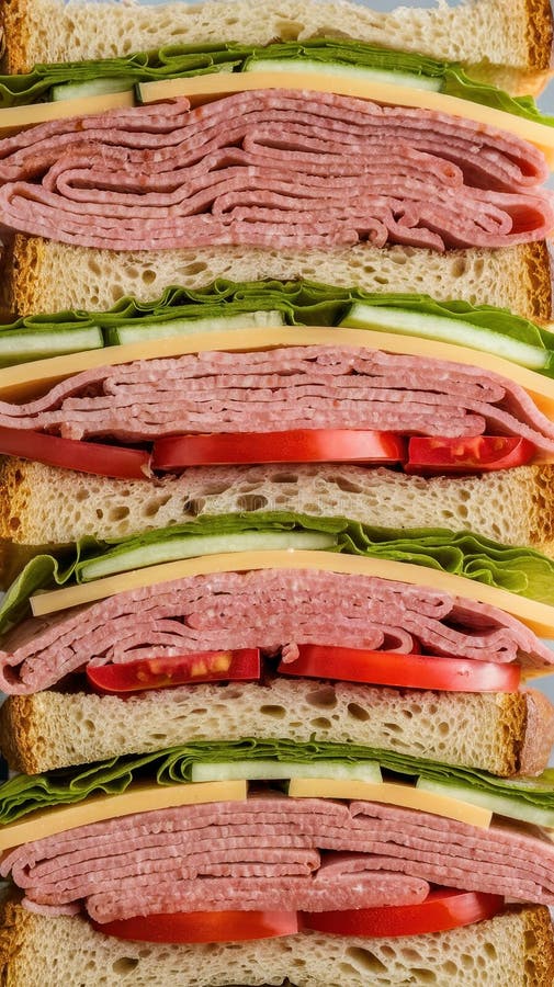 Stacked Corned Beef Sandwich with Cheese and Vegetables on Rye Bread ...