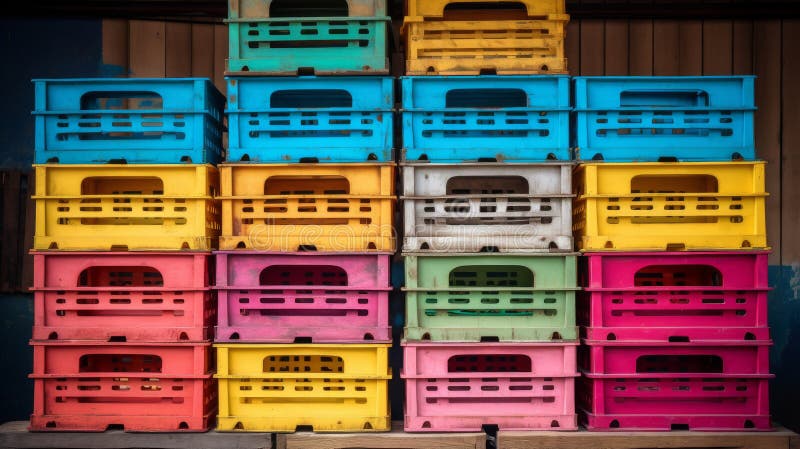 Stacked Crates in Assorted Colors, Used for Produce Storage Stock ...