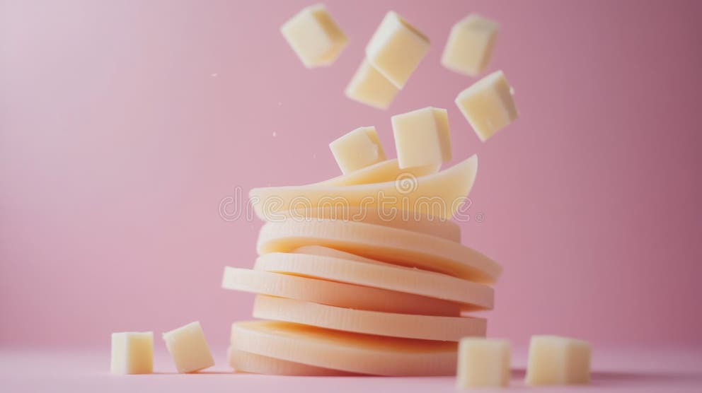 Stacked Cream Cheese Rounds with Falling Cubes Stock Image - Image of ...