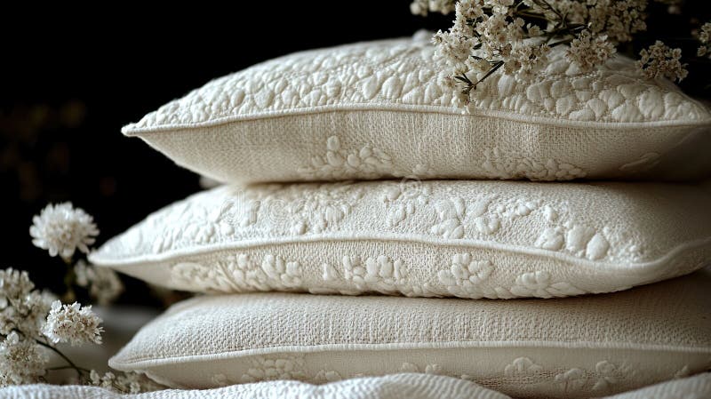 Stacked Cream-colored Embroidered Decorative Pillows, Featuring a ...