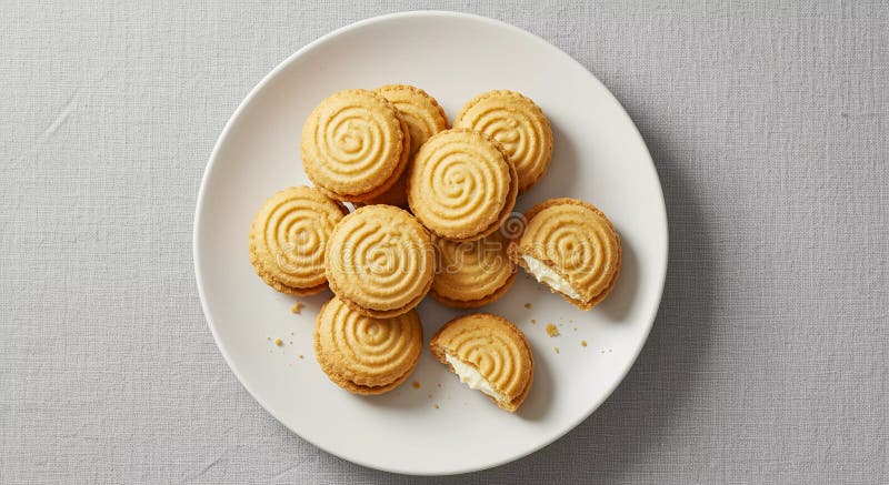 Stacked Cream Cookies with Swirl Pattern on White Plate Simple ...