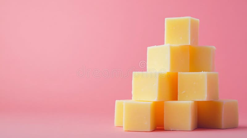 Stacked Cubes of Yellow Cheese on Pink Background Stock Image - Image ...