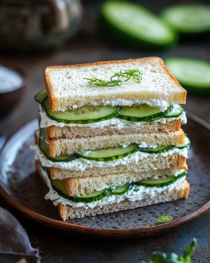 A Stacked Cucumber Sandwich on a Plate, Showcasing Layers of Bread ...
