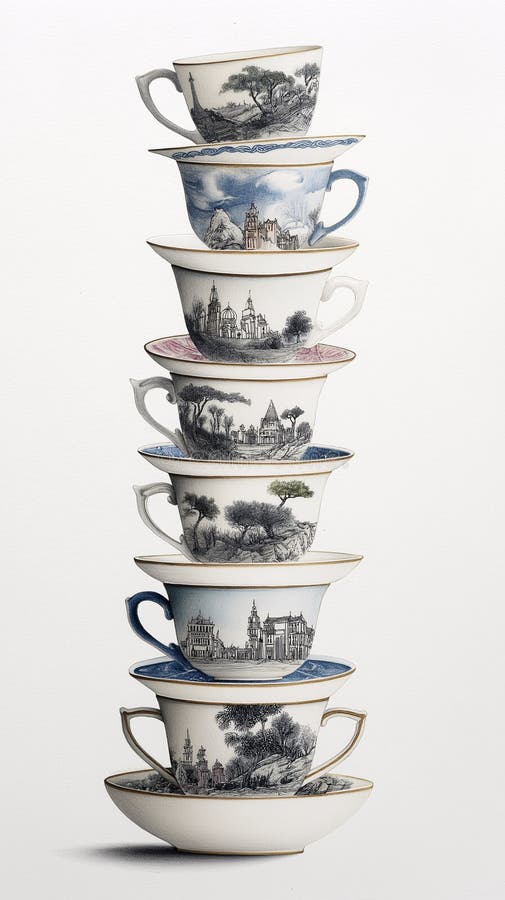 Stacked Cups Feature Unique Landscape and Architecture Designs. Stock ...