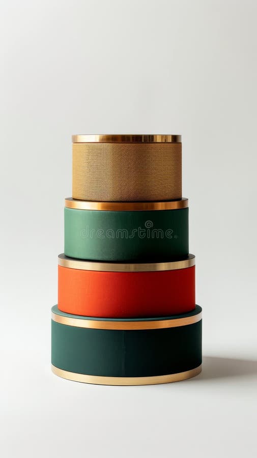 Stacked Cylindrical Storage Boxes with Gold Accents on a White ...
