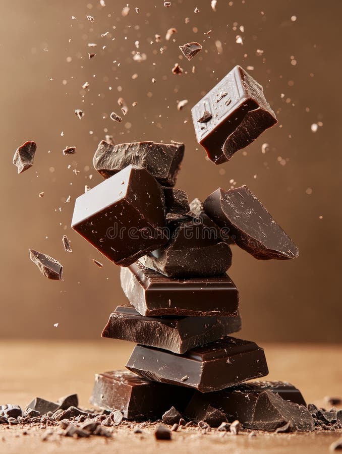 Stacked Dark Chocolate Chunks in Mid-air Explosion. Stock Image - Image ...