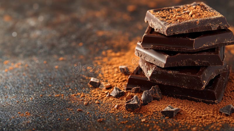 Stacked Dark Chocolate Squares with Cocoa Powder on Textured Background ...