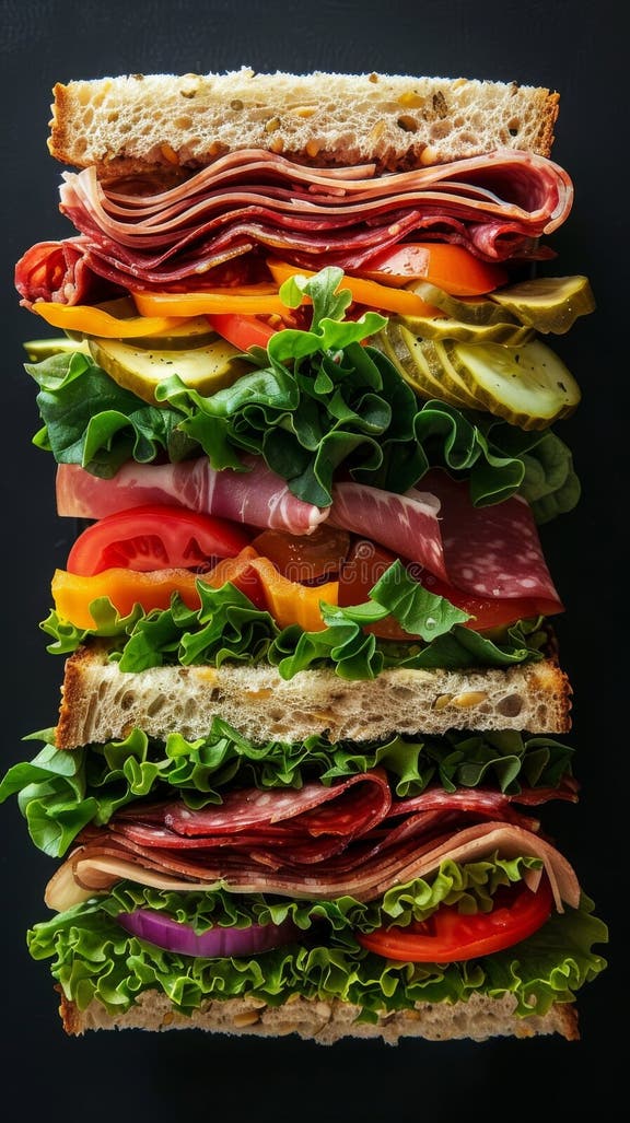 Stacked Deli Sandwich with Meats, Vegetables, and Rustic Bread Stock ...