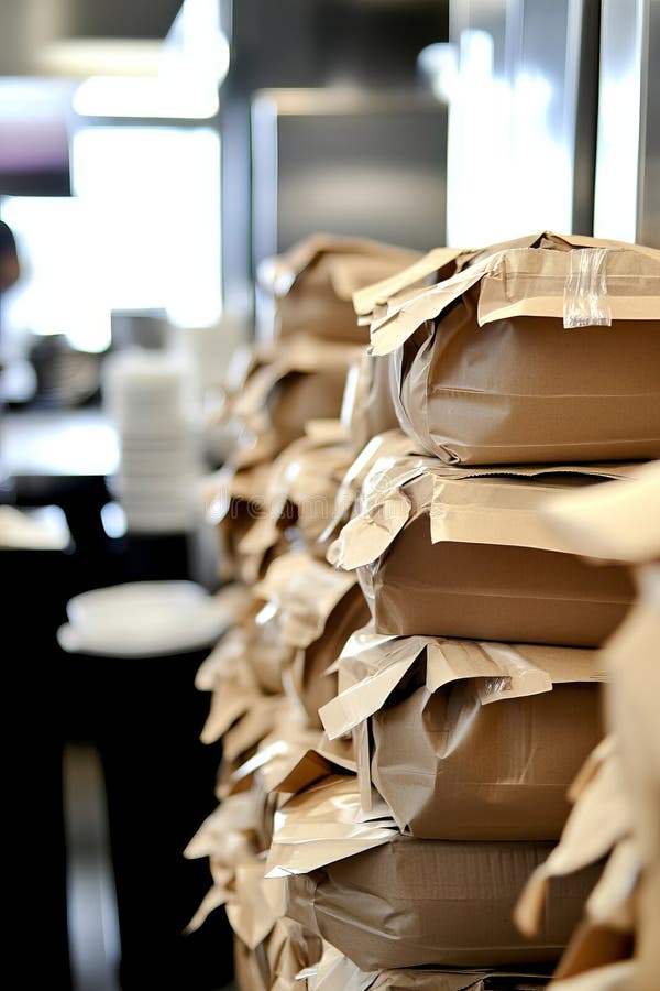 Stacked Delivery Bags Ready for Dispatch in a Restaurant Kitchen ...