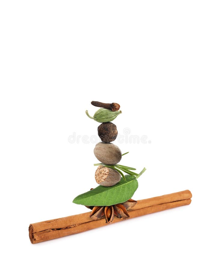 Stacked Different Aromatic Spices on White Background Stock Photo ...
