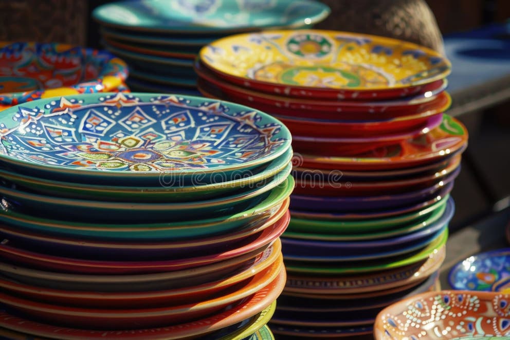 Stacked dinner plates stock photo. Image of colorful - 382870470