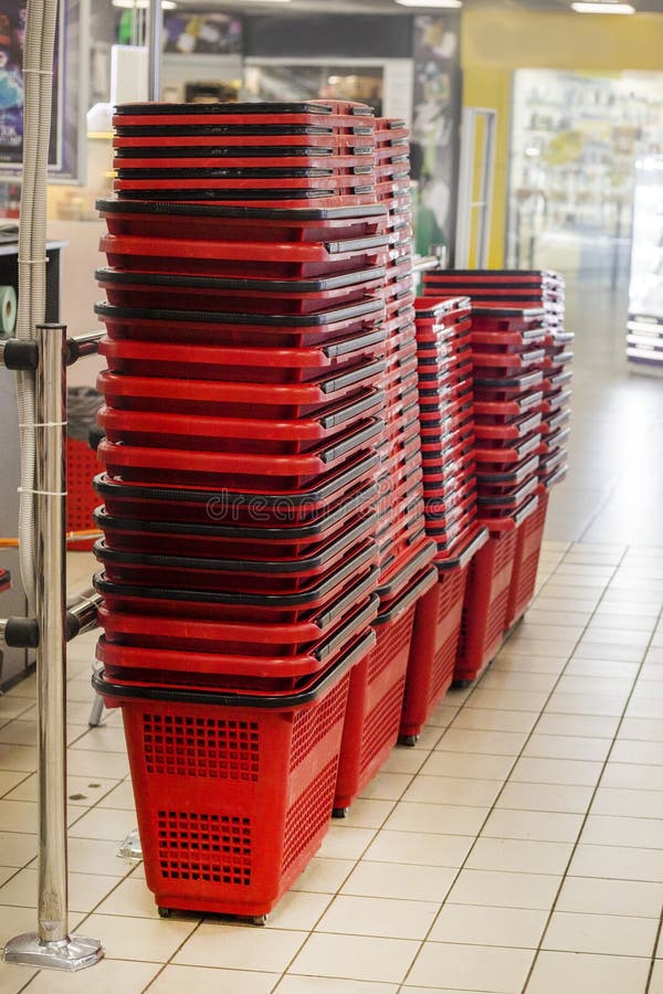 Stacked Empty Red Plastic Grocery Baskets Stock Photo - Image of ...
