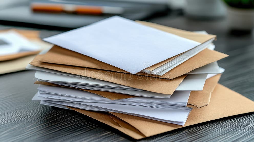 Stacked Envelopes and Papers on a Dark Wooden Desk in an Office Setting ...