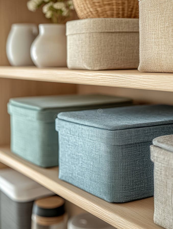 Stacked Fabric Storage Boxes on Wooden Shelves Stock Photo - Image of ...