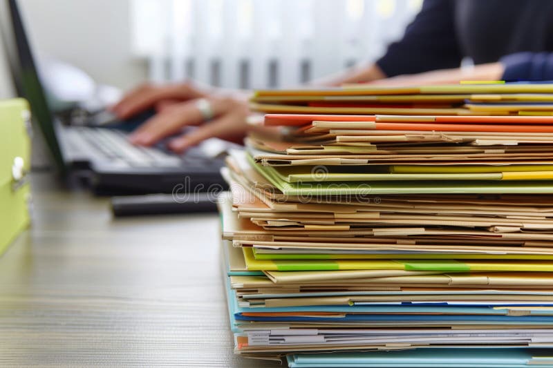 Stacked Files on a Desk with a Blurred Figure Typing on a Keyboard ...