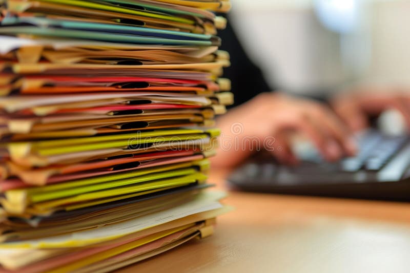 Stacked Files on a Desk with a Blurred Figure Typing on a Keyboard ...