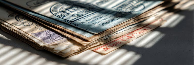 Stacked Financial Documents Featuring Stamps and Shadows on a Surface ...