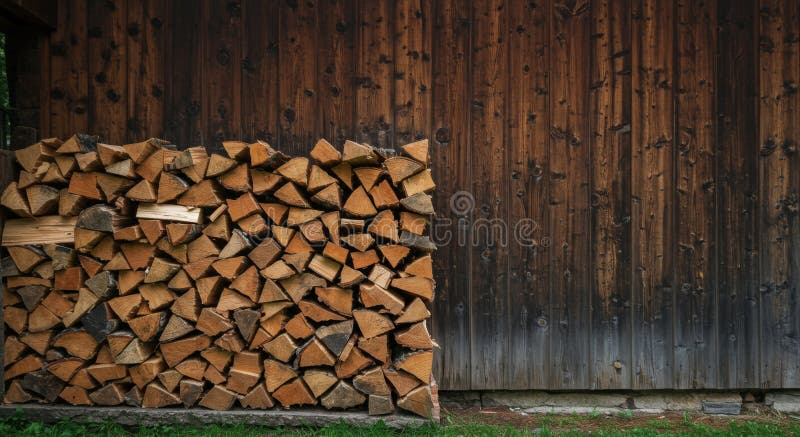 Stacked Firewood Against Rustic Brown Wooden Wall Stock Illustration ...