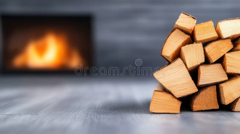 Stacked Firewood with Blurred Fireplace Flames in Background Stock ...