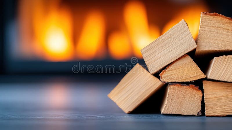 Stacked Firewood with Blurred Fireplace Flames in Background Stock ...