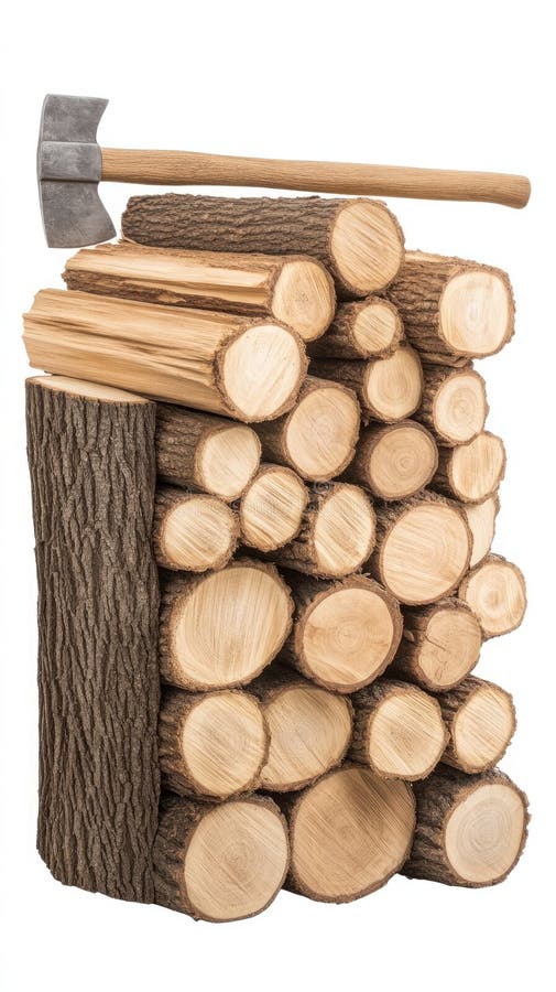 Stacked Firewood Log Pile beside Axe in Tranquil Outdoor Setting Stock ...