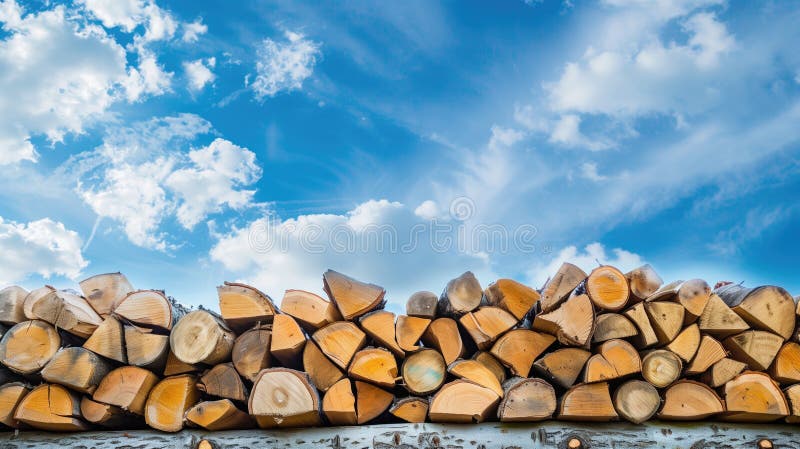 Stacked Firewood Logs Under a Clear Blue Sky with Fluffy Clouds. Stock ...