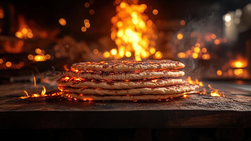 Stacked Flatbreads Baking Wood Oven Fire Background Stock Image - Image ...